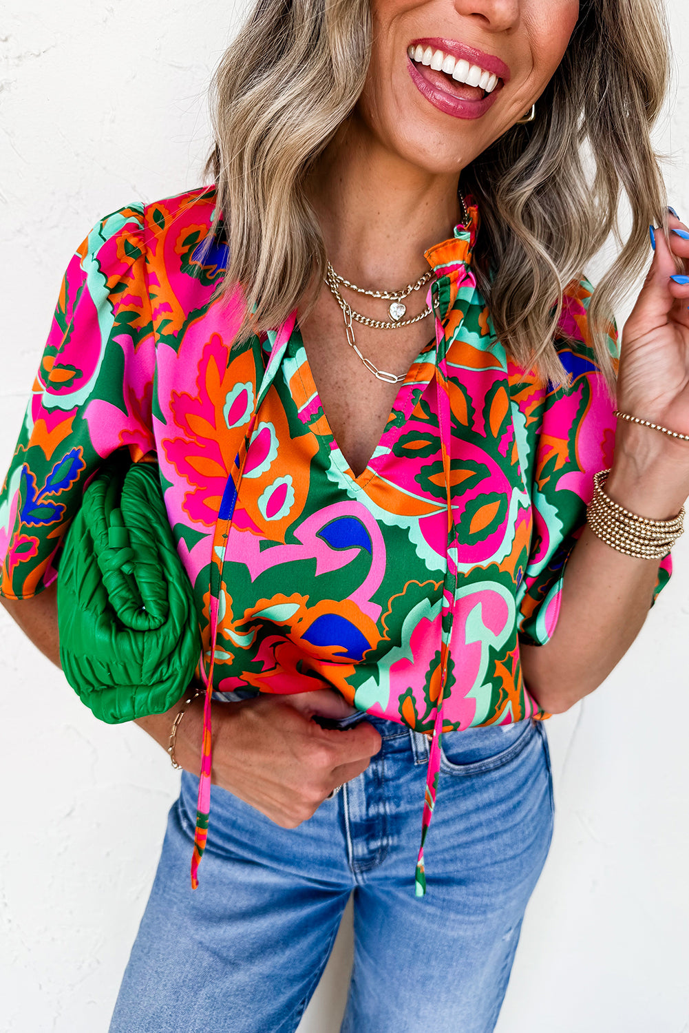 Rose Tropical Plant Print Frill V Neck Blouse – Raining Rustic Boutique